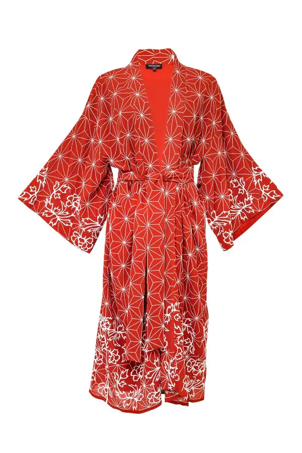 ARTEMIS MUSE Asanoha & Peony Embroide Terracotta Fully Lined Long Kimono - Red