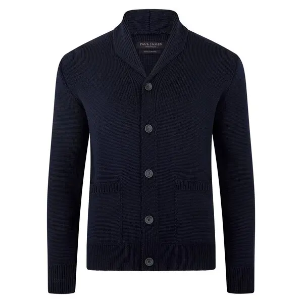 PAUL JAMES KNITWEAR Chunky Merino Wool Marello Shawl Collar Cardigan Navy - Blue