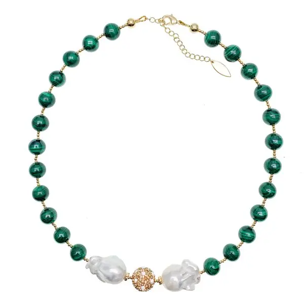 FARRA Malachite Stones With Baroques Pearls Sophisticated Necklace