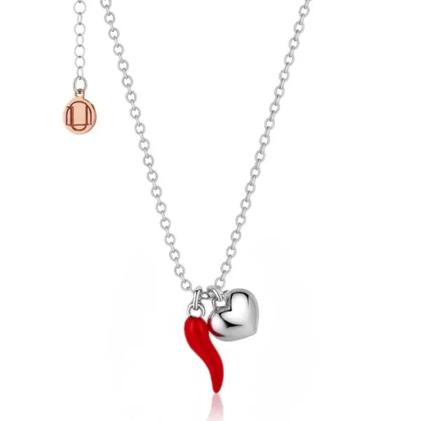 UNALOE Silver / Red Sterling Silver Red Enamel Cornicello Necklace With Heart Charm – Handmade Italian Good Luck Symbol - Silver/red