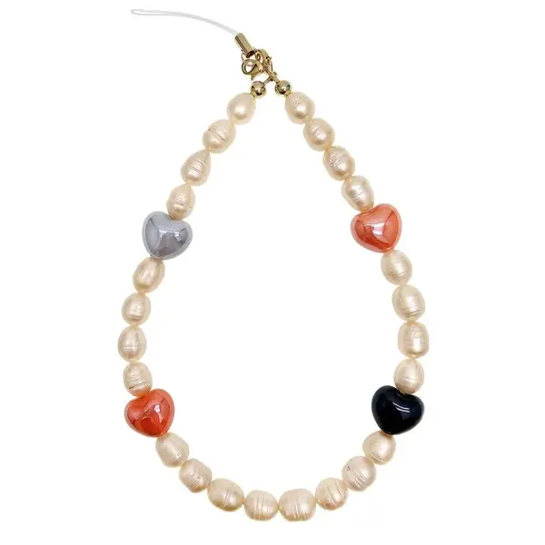 FARRA Freshwater Pearls With Ceramic Hearts Lovely Phone Strap - Orange