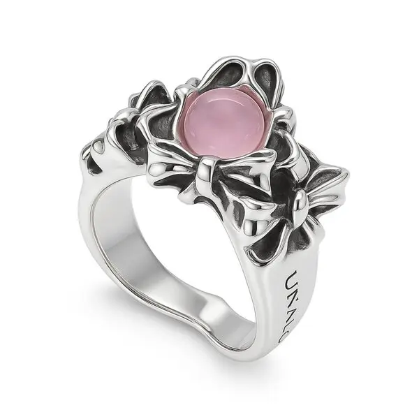 UNALOE Silver / Pink Sterling Silver Bow-inspired Ring With Pink Hydrothermal Stone - Silver/pink