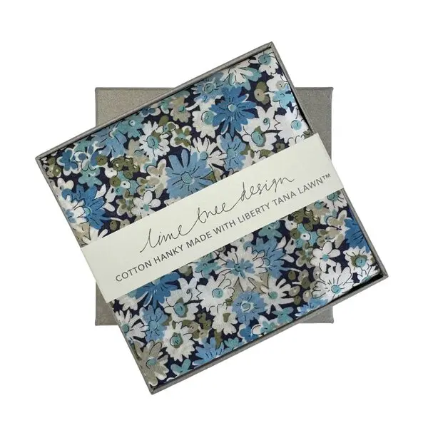 LIME TREE DESIGN Single Boxed Hanky Made With Liberty Fabric Libby - Blue