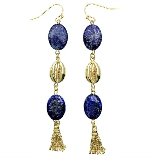 FARRA Oval Lapis With Shell Charm Elongated Earrings - Blue