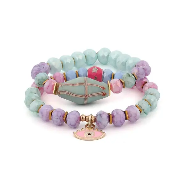 EBRU JEWELRY Blue / Pink Pastel Colors Beaded Evil Eye Pendant Spring Bracelet Set Multicolour - Blue/pink