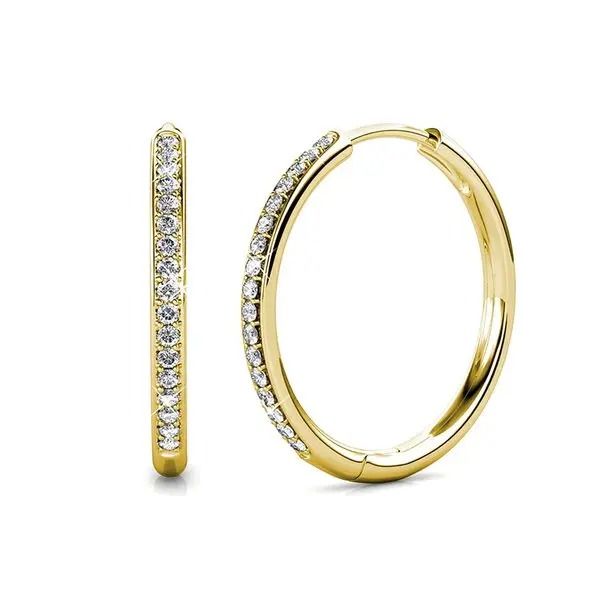 HARFI Large Round Hoop Gold Plated Earrings With Certified Austrian Crystals - Silver