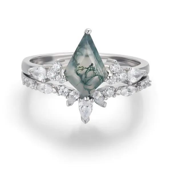 AZURA JEWELRY NEW YORK Nebula Nights Moss Agate Ring Set White Gold Vermeil - Silver