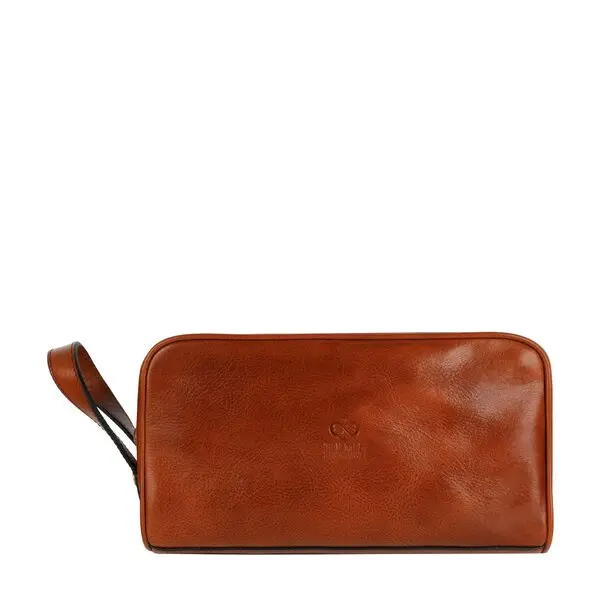 TIME RESISTANCE Cognac Leather Cosmetic Bag Dopp Kit All The Kings - Brown