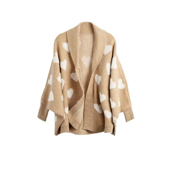Saachi Heart Ribbed Knit Beige Cardigan - Brown