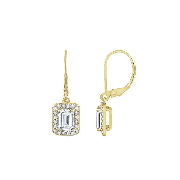 DIAMONBLISS Emerald Cut Halo Leverback Earrings, Two Carats, Yellow - Gold