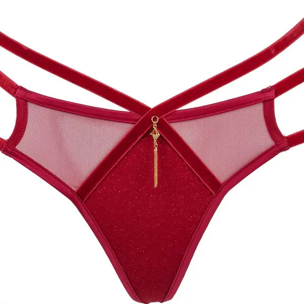 LES JUPONS DE TESS Guilty Iridescent Velvet Stripes Thong - Red