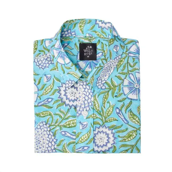 WILD ROSE Shauku Hand Block Print Cotton Long Sleeved Floral Shirt - Blue