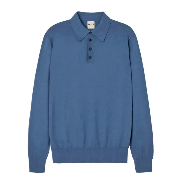 SALTS CASHMERE Long Sleeved Polo Shirt Denim - Blue