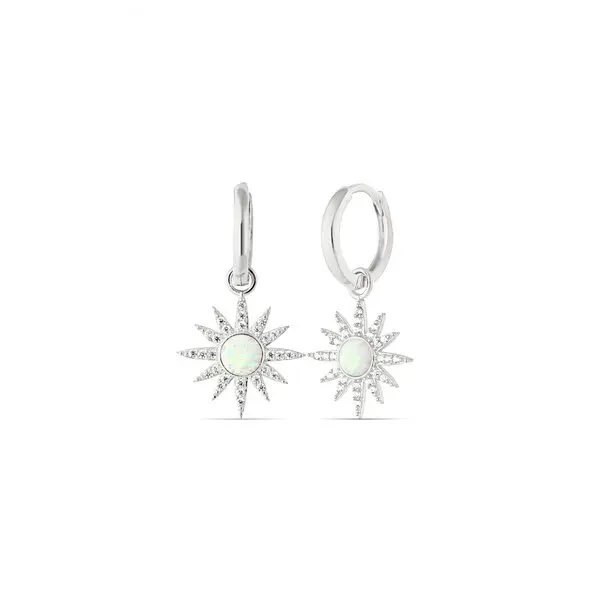 SPERO LONDON Silver / White Drop Hoop Sun White Opal Earring Sterling Silver Silver - Silver/white