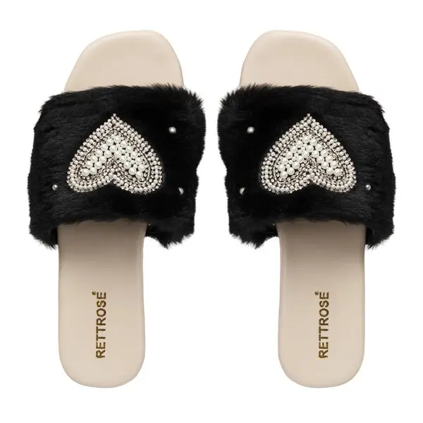 RETTROSE Lilah Luxury Plush Diamanté Embellished Handmade Sliders - Black
