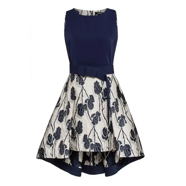 SMART AND JOY Flower Jacquard Bow Belted Dress - Blue