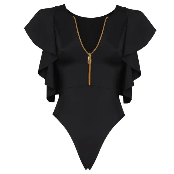 ANTONINIAS Juliet Zip Front One Piece Swimwear With Ruffles - Black