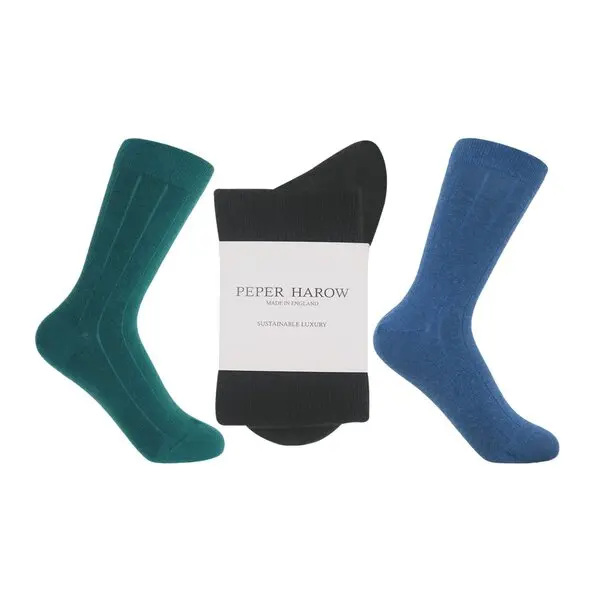 PEPER HAROW - MADE IN ENGLAND S Three Pairs Cashmere & Wool Boot Socks – Teal, & Charcoal - Blue