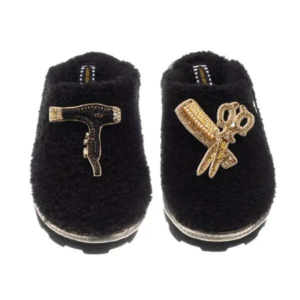 LAINES LONDON Teddy Closed Toe Slippers With Hairdresser Brooches - Black