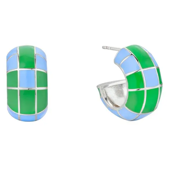 BERMUDA WATCH COMPANY Annie Apple Groove Chunky Sterling Silver Blue Enamel Hoop Earrings - Green
