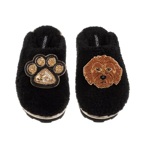 LAINES LONDON Teddy Closed Toe Slippers With Paw And Cockapoo Brooches - Black
