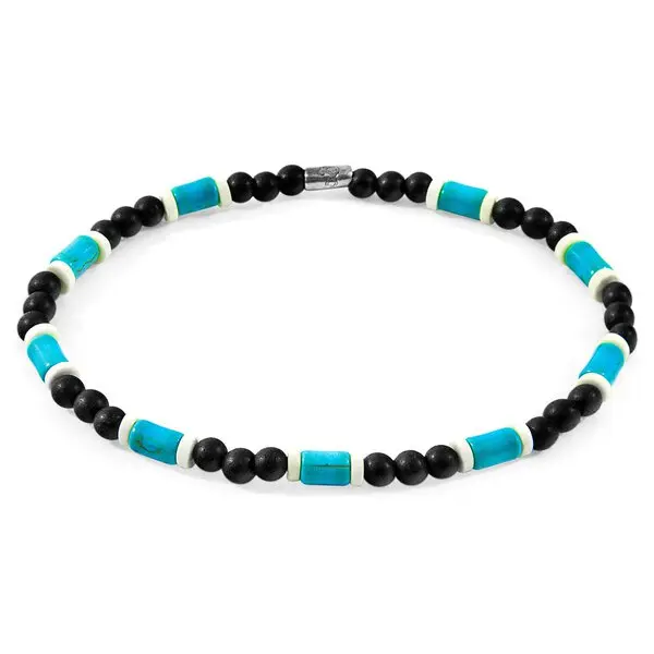 ANCHOR & CREW Turquoise, White Agate & Black Ebony Wood Samuel Silver & Stone Skinny Bracelet - Blue