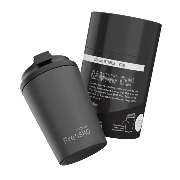 Fressko Camino 12oz / 340ml Reusable Coffee Cup, Ceramic Coal - Black