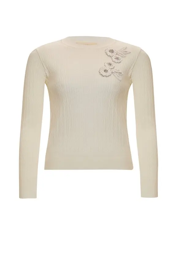 EXQUISE Neutrals Crew Neck Floral Embroidered Knit Sweater Ecru