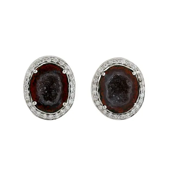 ARTISAN White / Black Geode & Diamond Oval Stud Earrings In 18k White Gold - White/black
