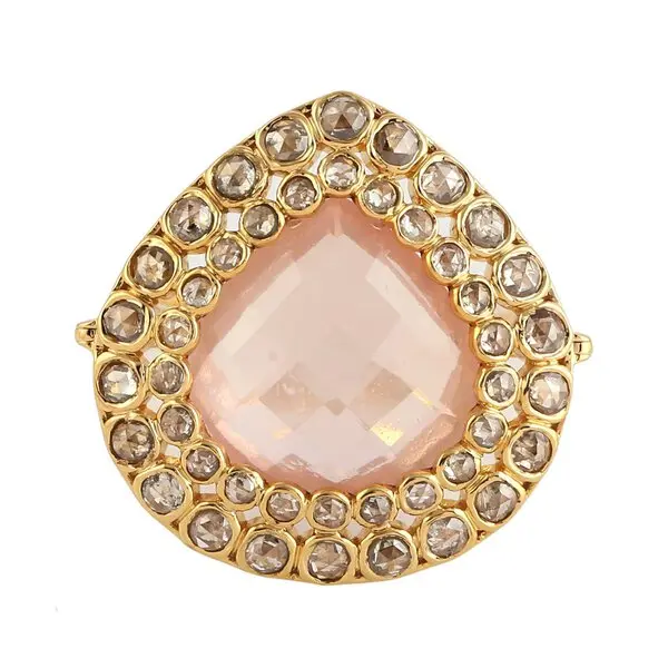 ARTISAN Cushion Cut Rose Quartz & Ice Diamond Halo Ring In 18k Yellow - Gold