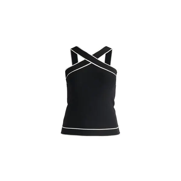 PAISIE Contrast Detail Crisscross Halterneck Knit Top - Black