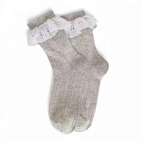 HIGH HEEL JUNGLE BY KATHRYN EISMAN Bobby Lace Frill Trim Cotton Bobby Socks - Grey
