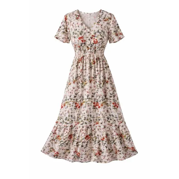 YUMI Neutrals Ivory Botanical Print Viscose Midi Dress - White