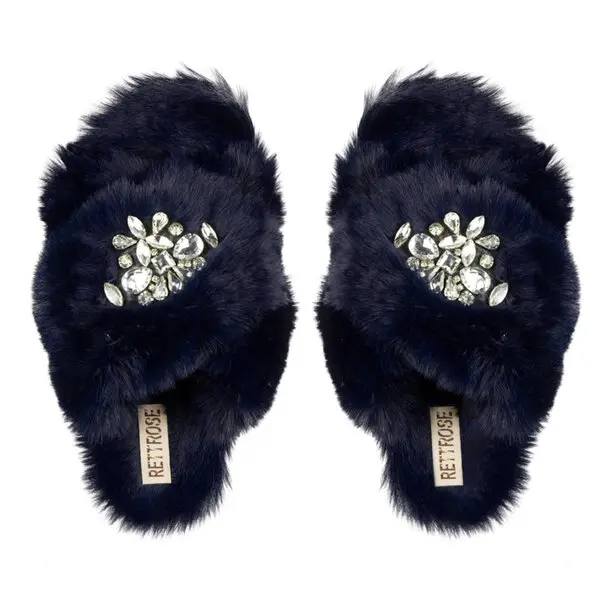 RETTROSE Audrey Navy Luxury Plush Diamanté Heart Embellished Handmade Slipper - Blue