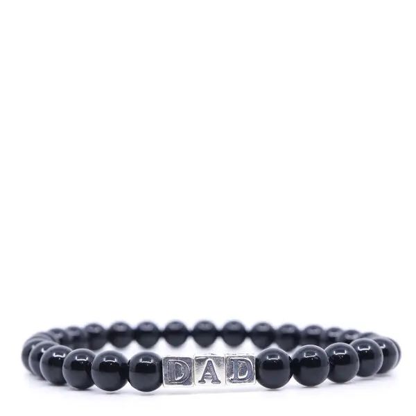 Shar Oke Black / Silver Black Tourmaline & Sterling Silver Dad Letters Beaded Bracelet - Black/silver