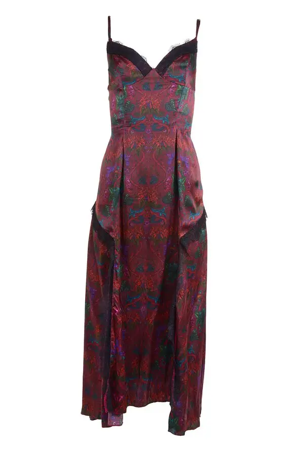 Natalia Petruch Scarlet Silk Dress In Botanical Print - Red