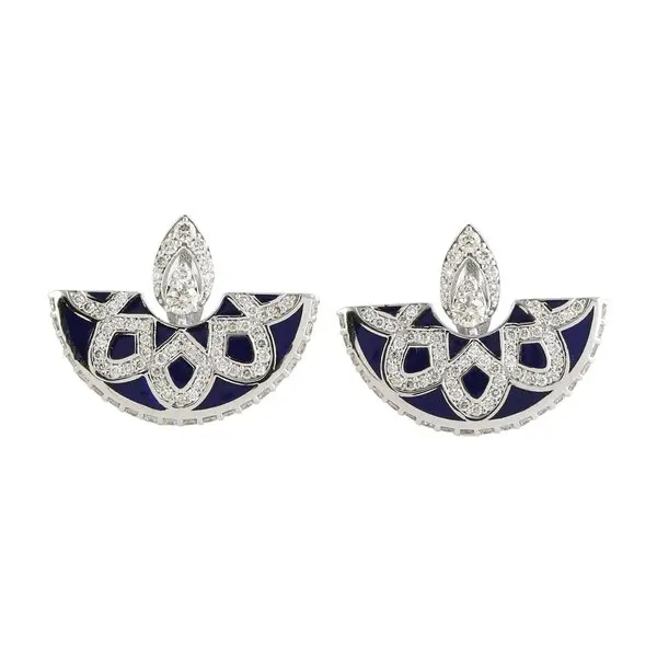 ARTISAN White / Blue Blue Enamel & Diamond Art Deco Fan Earrings In 18k White Gold - White/blue