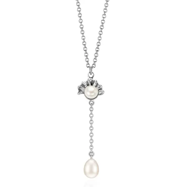 UNALOE Silver / White Sterling Silver Marine Shell Necklace With Round & Teardrop Pearls – Sculpted Ocean Inspired Pendant, Textured Coastal Fine Jewellery - Silver/white