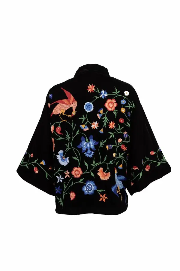 ARTEMIS MUSE Regal Floral & Bird Embroidery Velvet Luxury Kimono - Black
