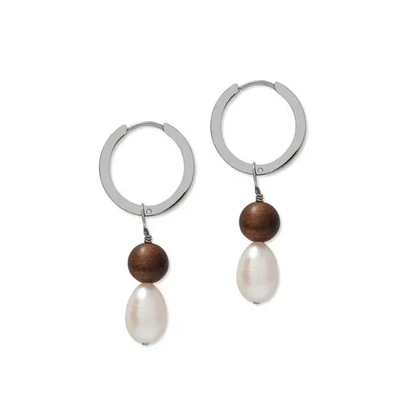 A WEATHERED PENNY Large Pearl & Wooden Hoops - Silver