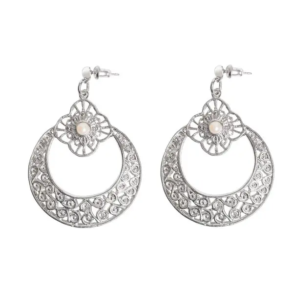 CARAMEL VINTAGE JEWELLERY Pearl Filigree Hoop Earrings - Silver
