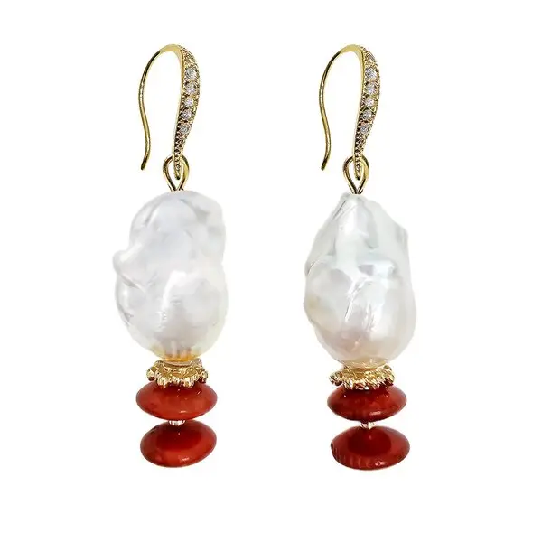 FARRA Baroque Pearl With Bamboo Coral Earrings - Red