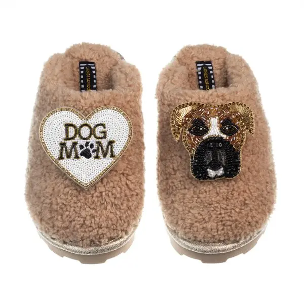 LAINES LONDON Teddy Closed Toe Slippers With Pip The Boxer & Dog Mum / Mom Brooches Toffee - Brown