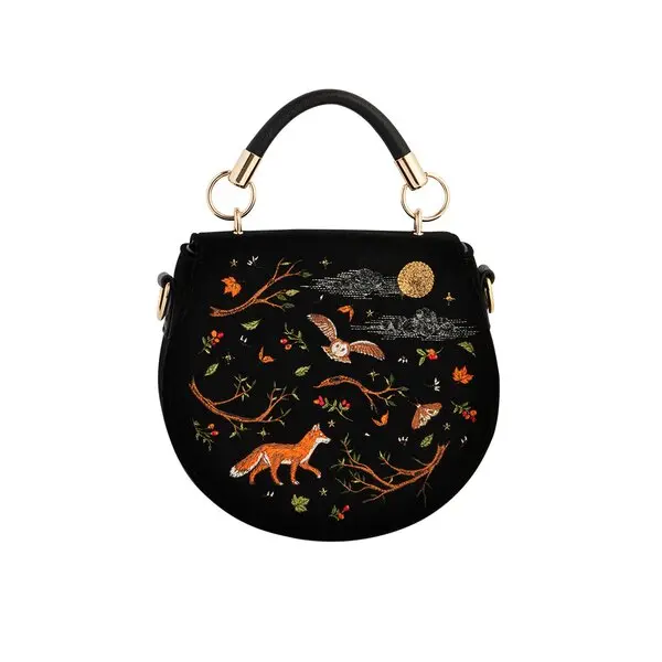 FABLE ENGLAND Fox & Owl Embroidered Top Handle Saddle Bag - Black