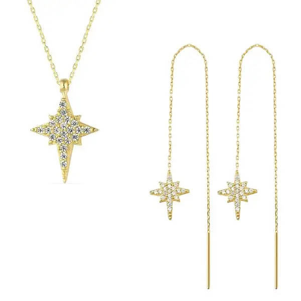 SPERO LONDON Northernstar Starburst Sterling Silver Chain Drop Chain Earrings & Necklace Set - Gold