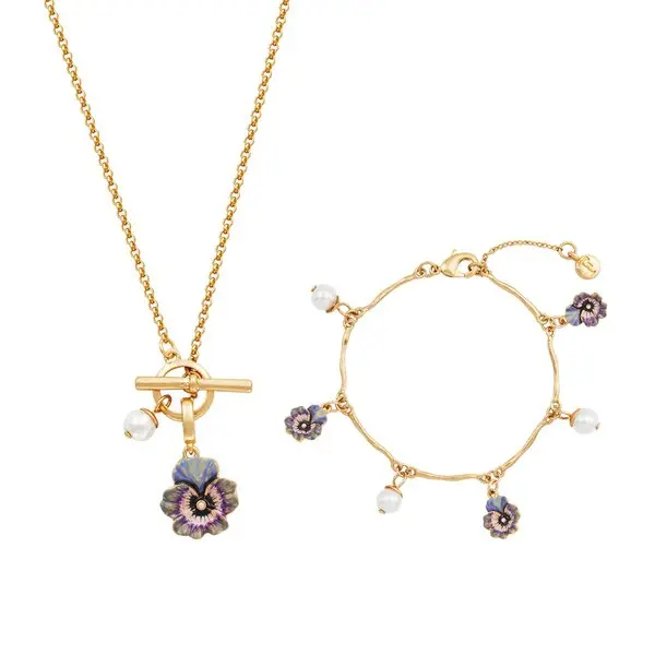 FABLE ENGLAND Pansy & Pearl Toggle Necklace & Charm Bracelet Set - Gold