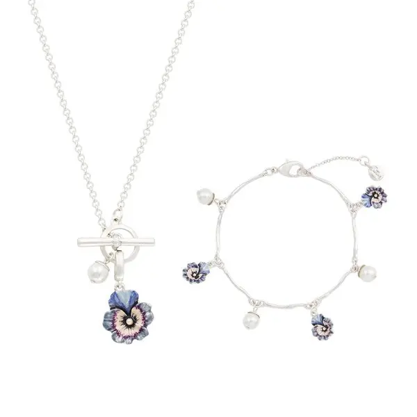 FABLE ENGLAND Pansy & Pearl Toggle Necklace & Charm Bracelet Set - Silver