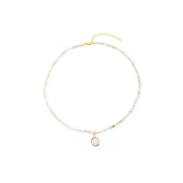 Saachi Agate Gemstone Beads Necklace With Druzy Pendant - Grey