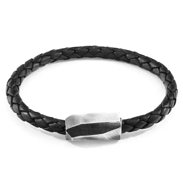 ANCHOR & CREW Midnight Hayling Silver & Braided Leather Bracelet - Black