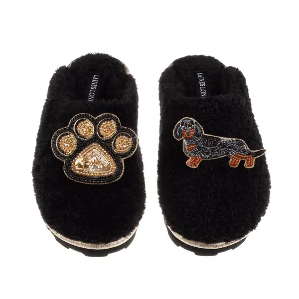 LAINES LONDON Teddy Closed Toe Slippers With Paw & Dapple Dachshund Brooches - Black